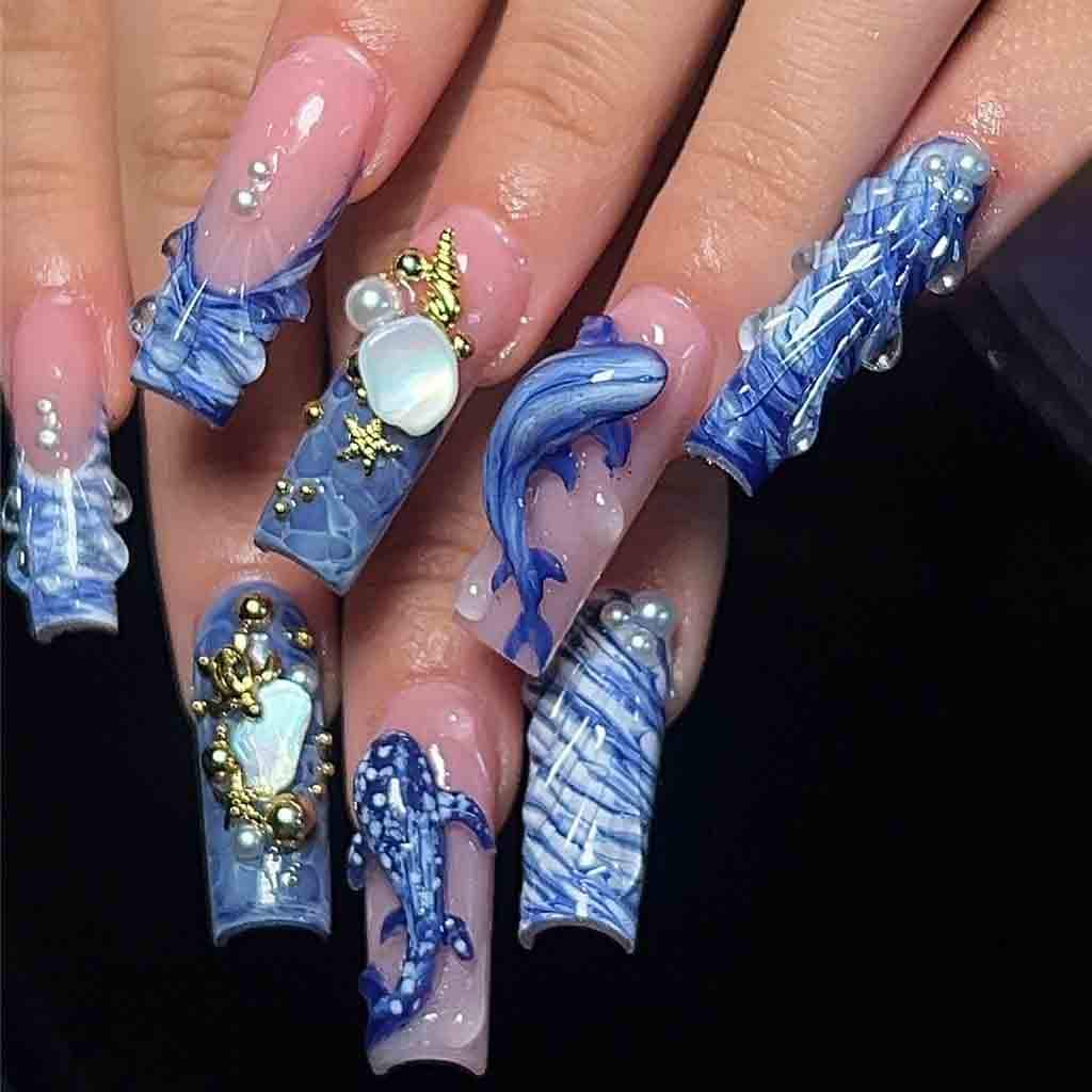 Handmade Blue Ocean Press on Nails | 3D Dolphin, Shell, Pearl ...