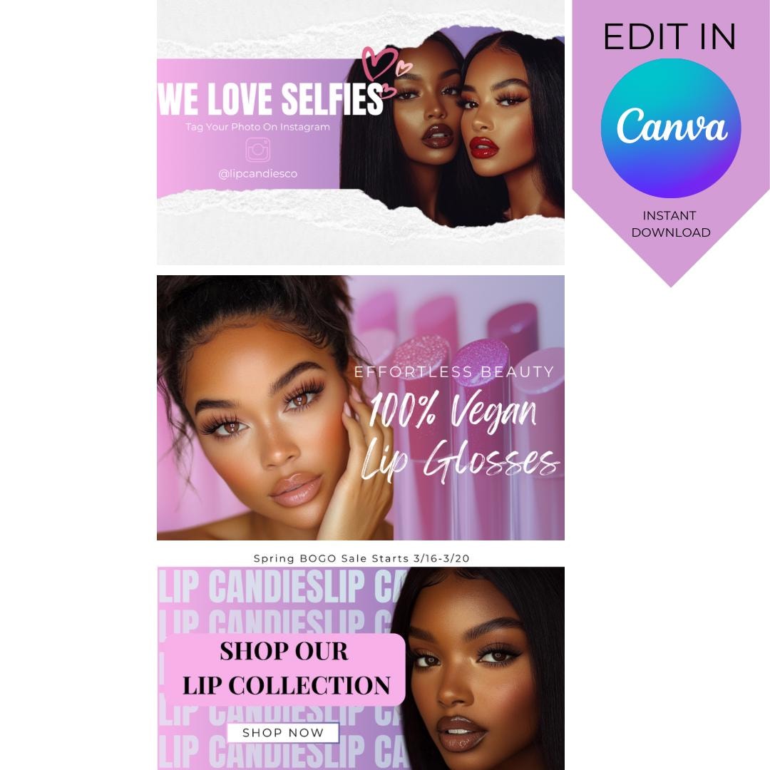 3 Beauty Website Banner Templates | Lip Gloss Brand Canva Kit - Etsy