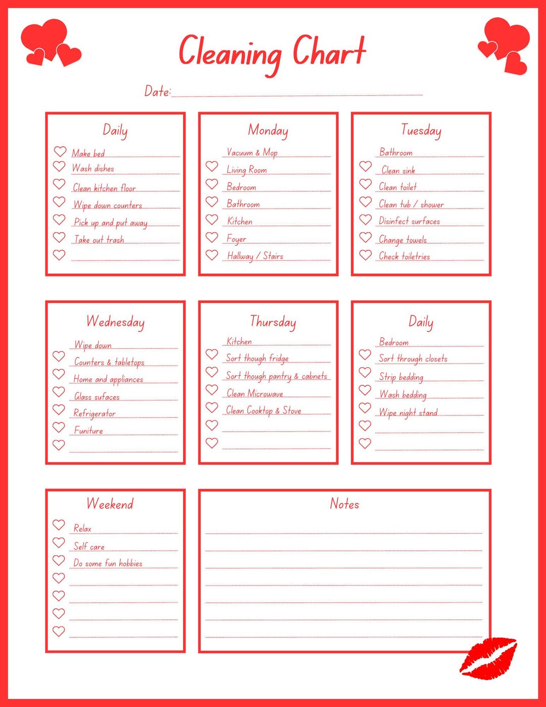 Valintines Day Themed Chores Chart With Both Filled and Unfilled ...