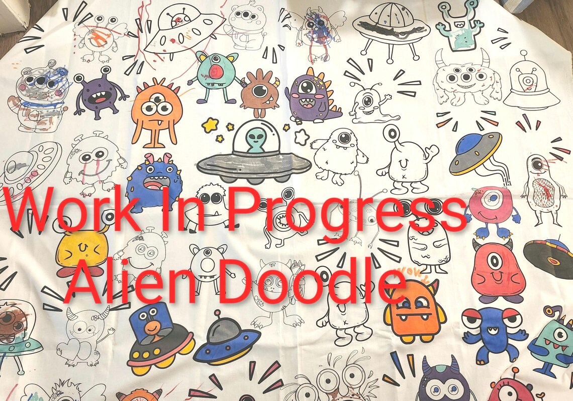Alien Buddies Doodle Fabric, Childs Art Quilt Panel, Coloring Quilt ...