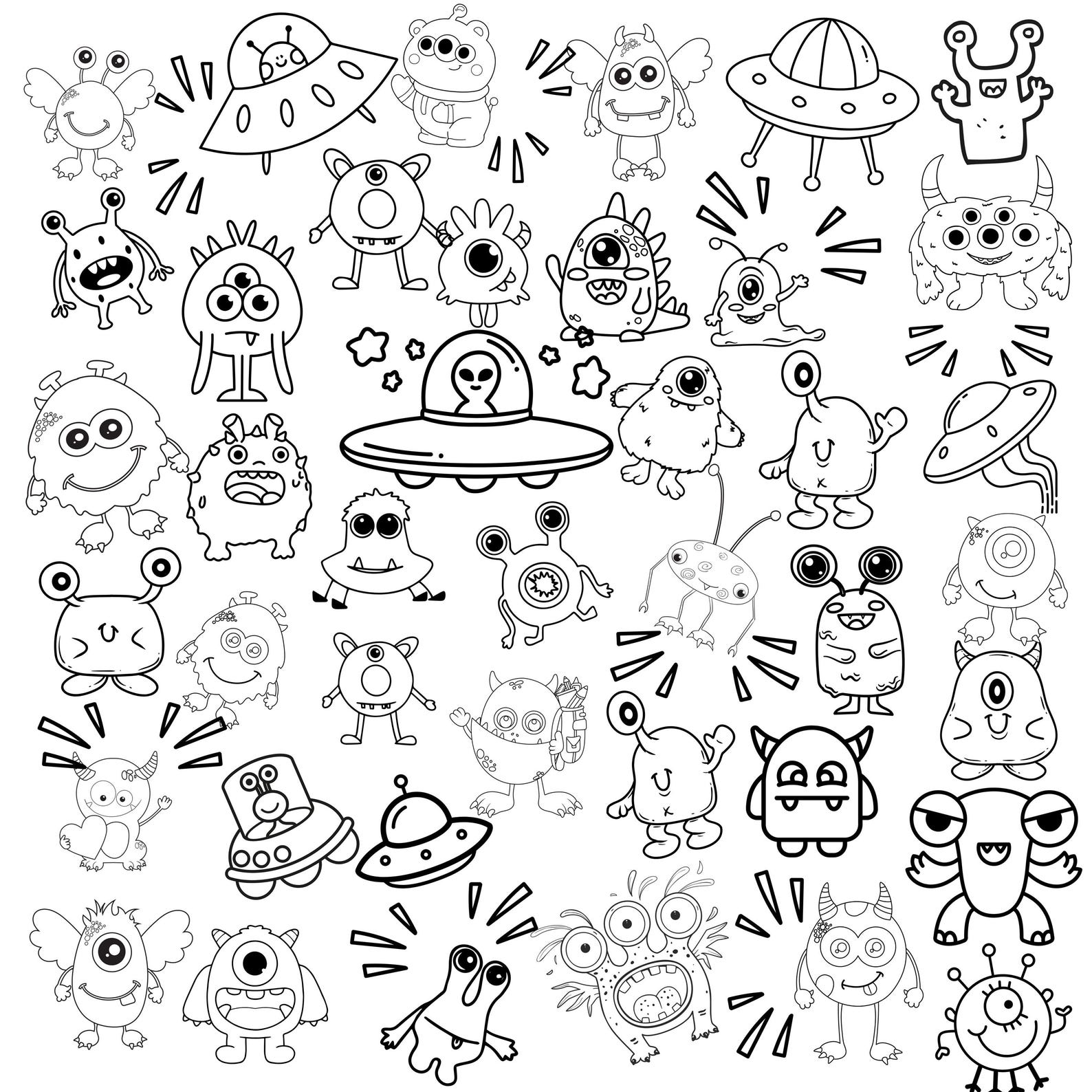 Alien Buddies Doodle Fabric, Childs Art Quilt Panel, Coloring Quilt ...