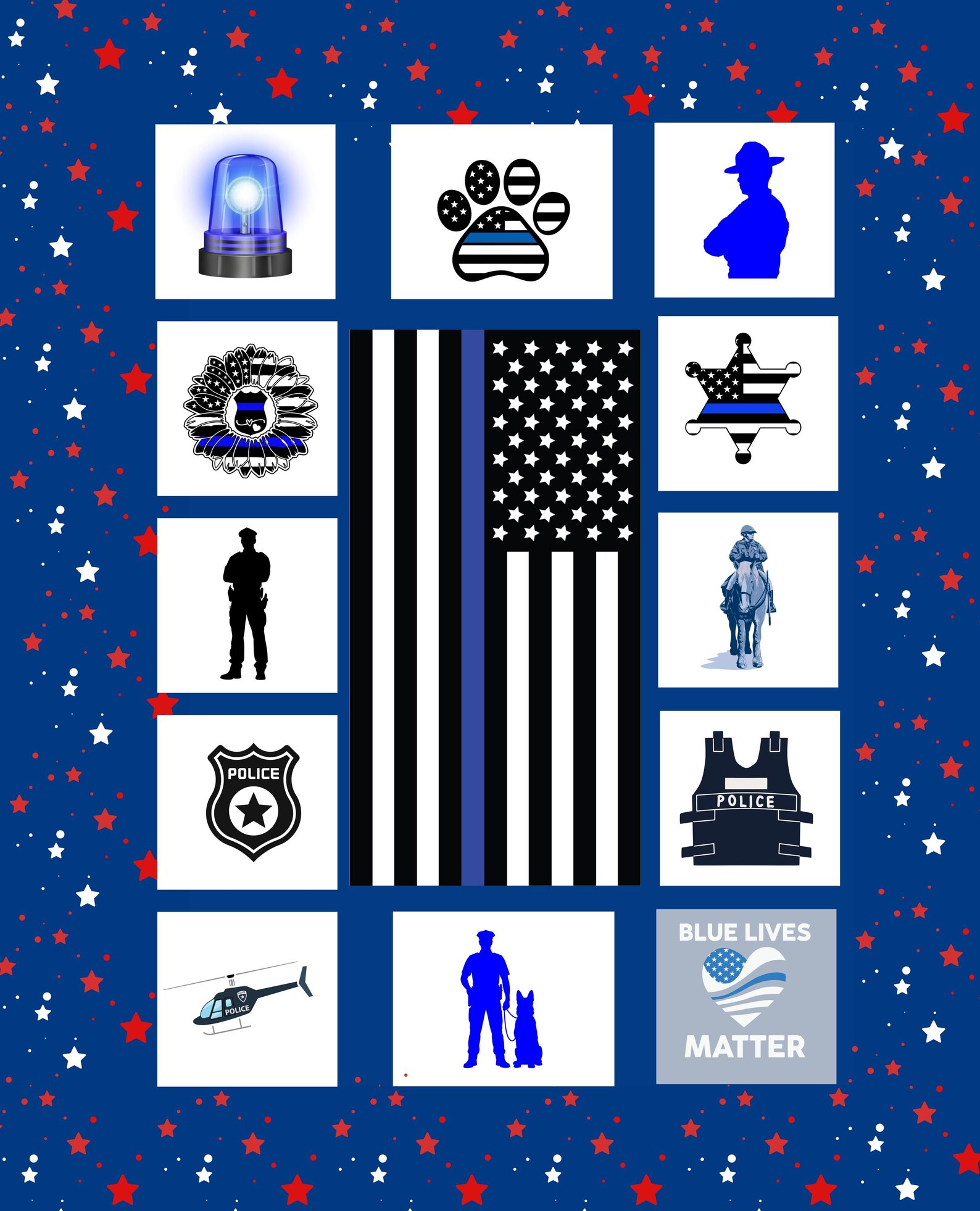 Thin Blue Line Quilt Panel: and Block Combo, Police Tribute Cotton ...