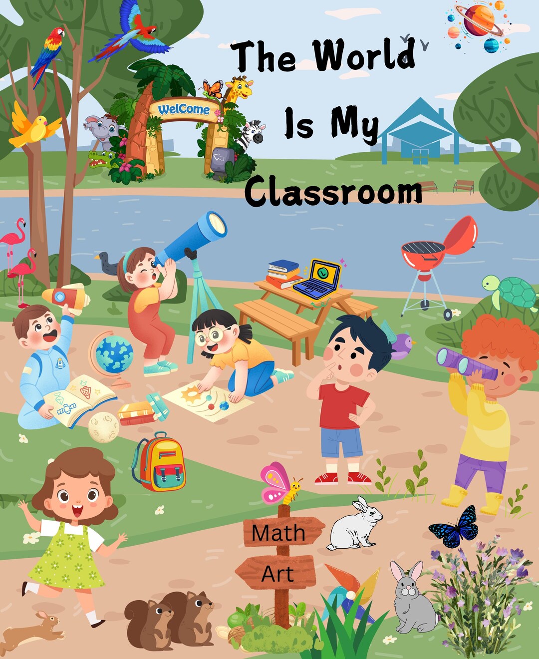 Whimsical Homeschool Quilt Panel, the World is My Classroom Quilt DIY ...