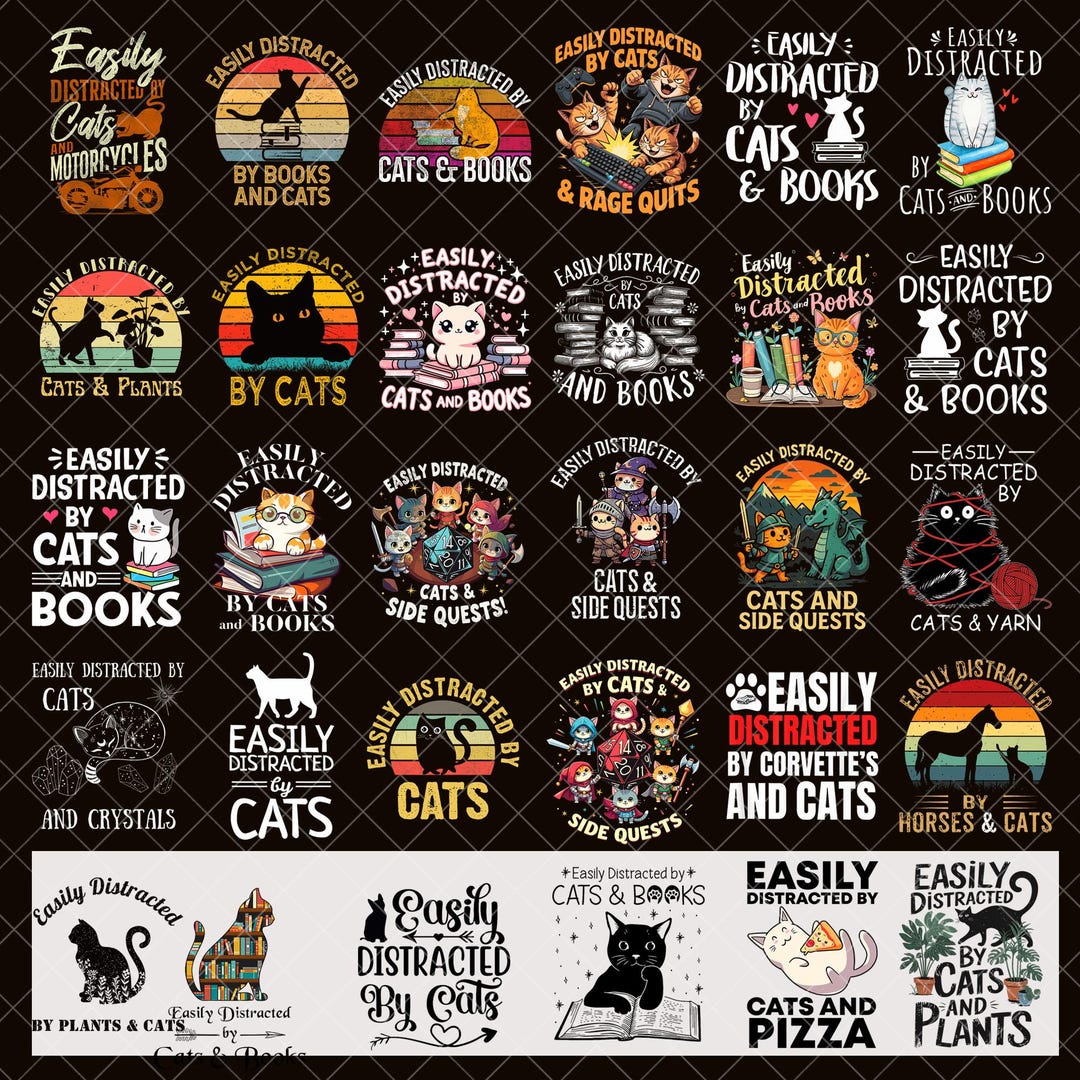 Easily Distracted by Cats PNG Bundle, Cats and Books PNG, Funny Cat ...
