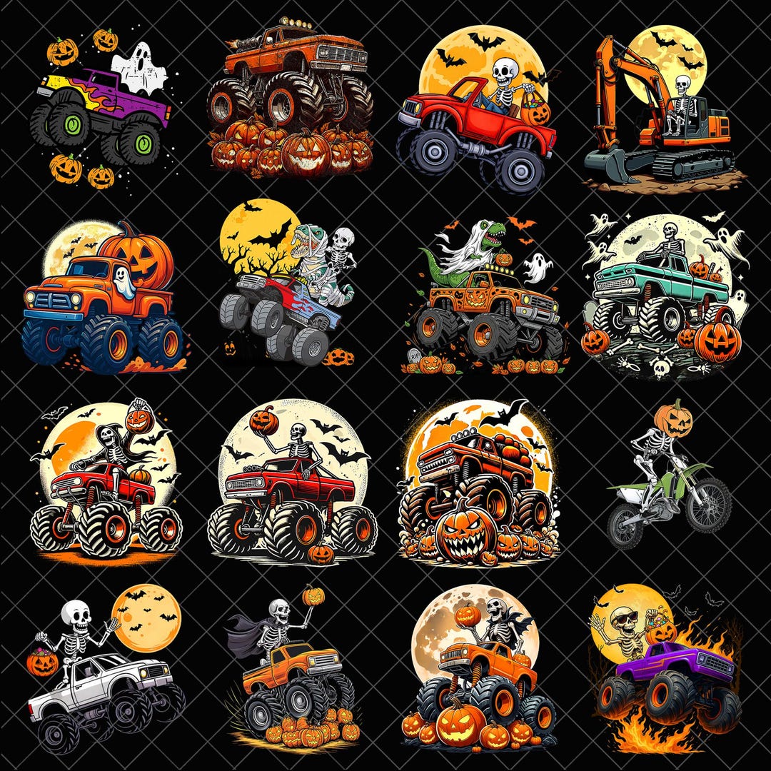 Halloween Monster Truck PNG Bundle, Skeleton Pumpkin Truck Sublimation ...