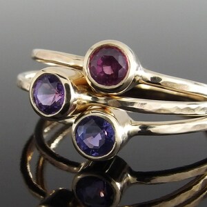Sapphire and 14k Gold Stack Ring Set, Purple Sapphire Ring Set, Magenta ...