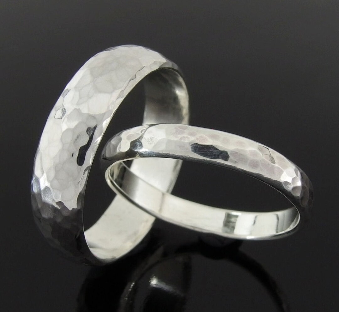 Half Round Hammered Sterling Silver Wedding Ring Set, Silver Wedding ...