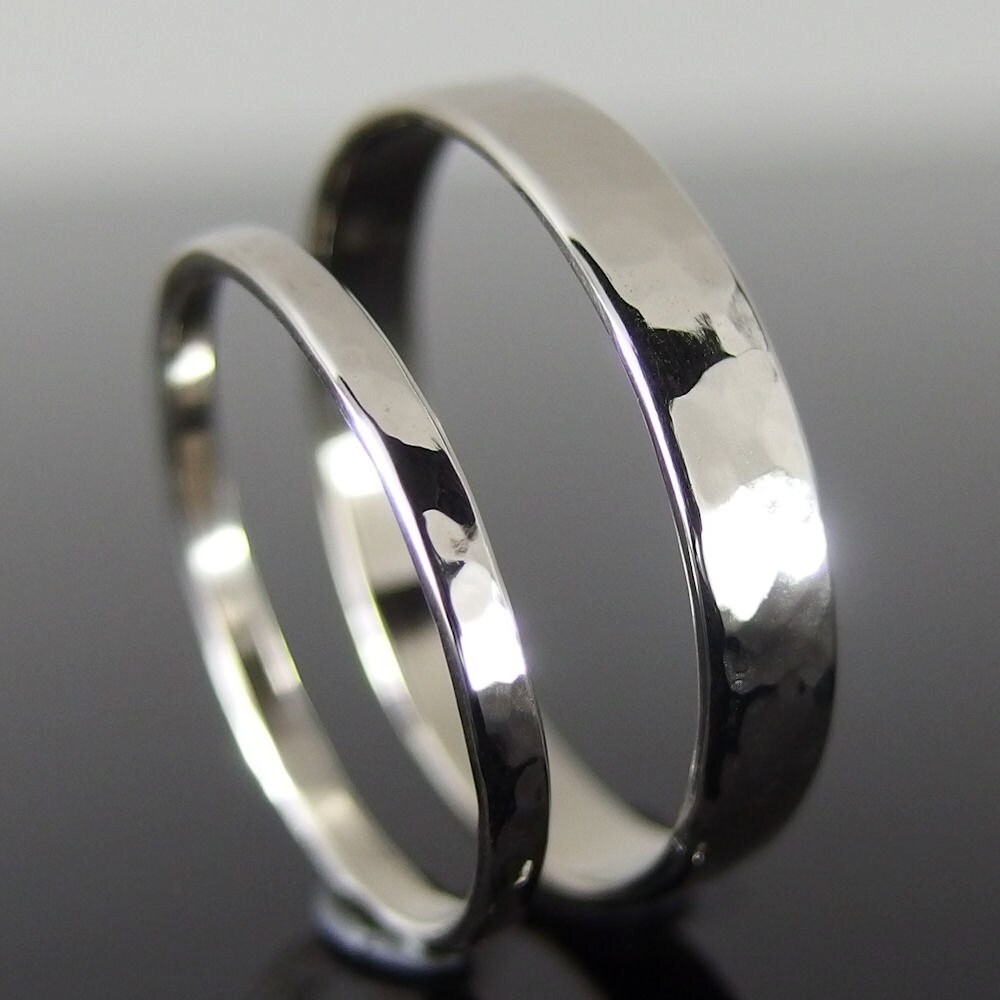 Hammered 14k White Gold Wedding Ring Set White Gold Wedding - Etsy