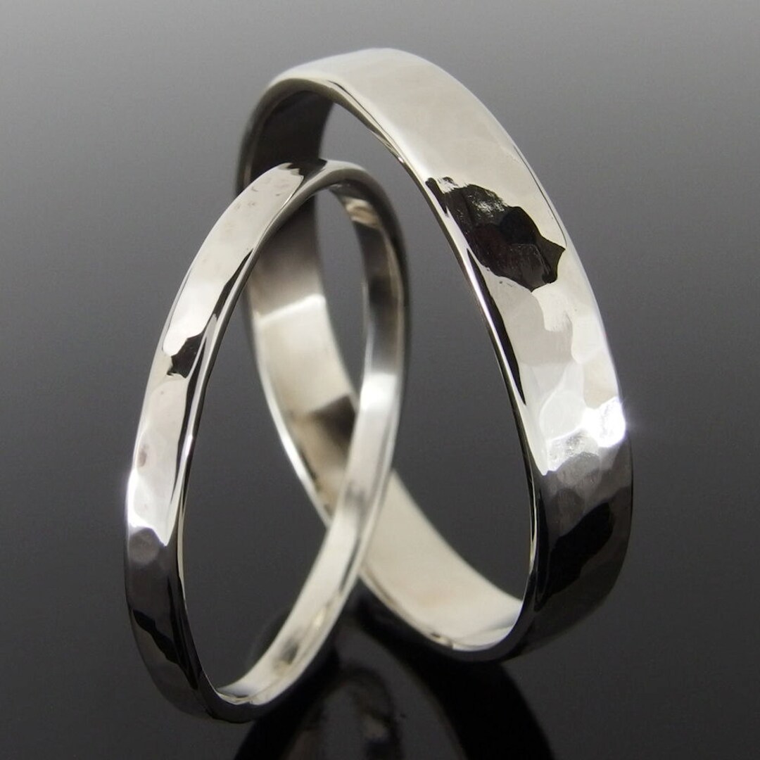 Hammered 14k White Gold Wedding Ring Set, White Gold Wedding Band Set ...