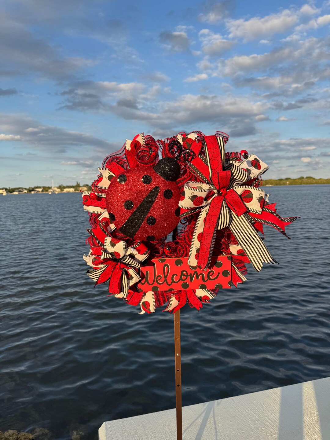 Whimsical Ladybug Mesh Wreath – Welcome Sign, Ribbons, and Cute ...