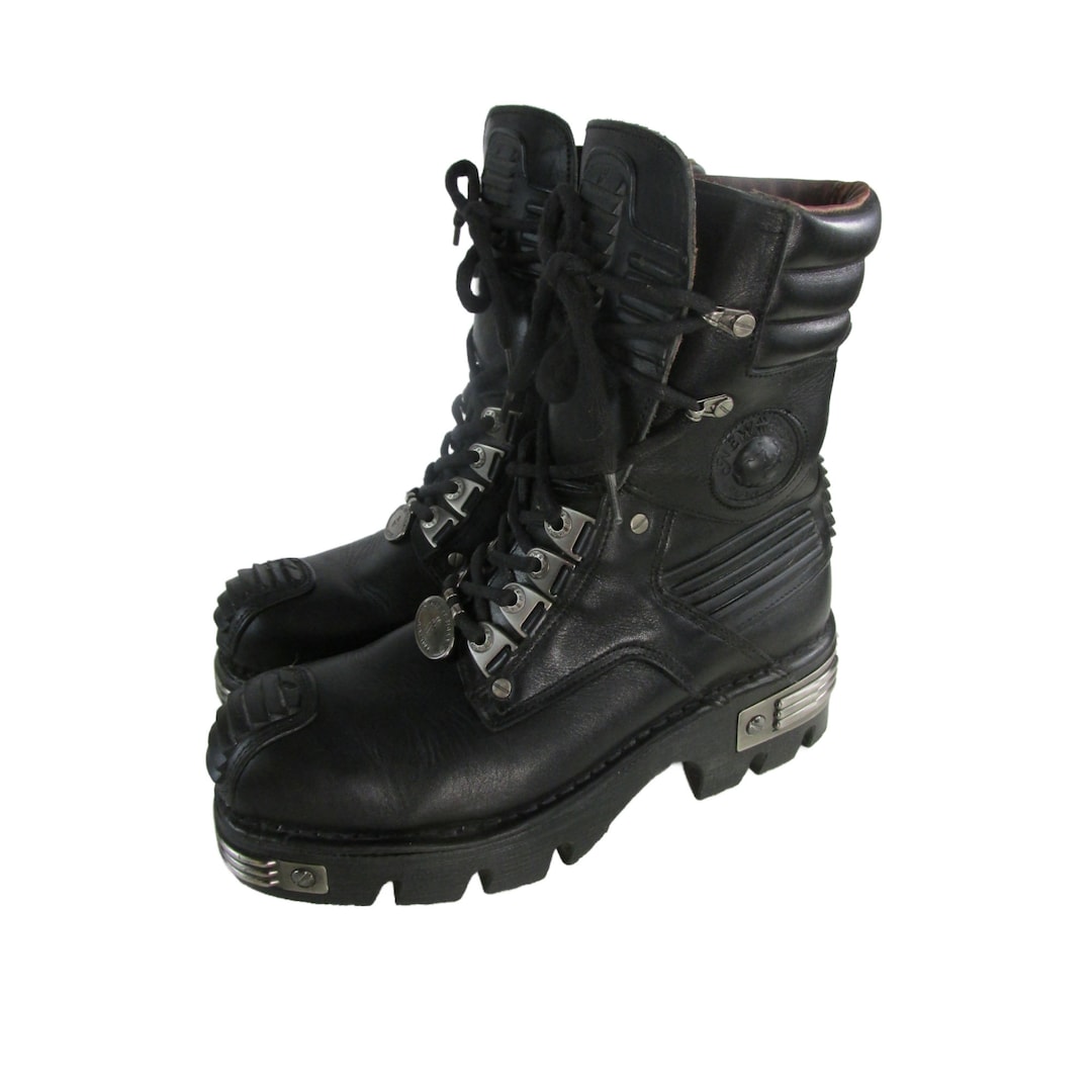 New Rock Reactor Mens Cybergoth Black Leather Lace up Combat Boots Made ...