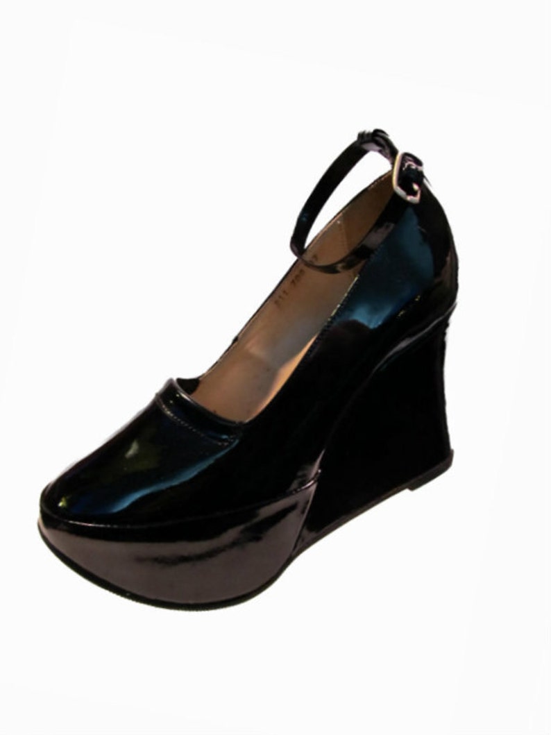 Platform Wedge Shoes Womens Black Patent Leather Ankle Strap - Etsy