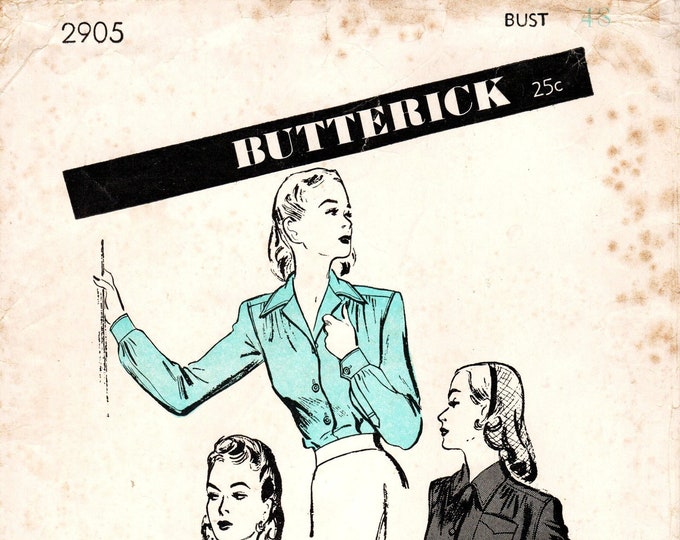 Bust 48 Vtg 40s Pattern Butterick 2905 Misses' Classic Shirt Blouse ...