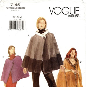 Sz Xsm/sml/med Vogue Cape Pattern V7145 Misses' Asymmetrical Closure Cape in Three Variations ...