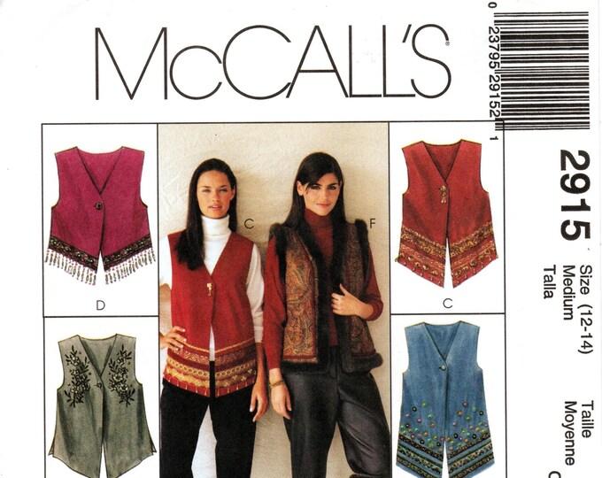 Sz Med 12/14 Mccall's Vest Pattern 2915 Misses' Lined, V-neck Vest in Two Lengths With Trim ...