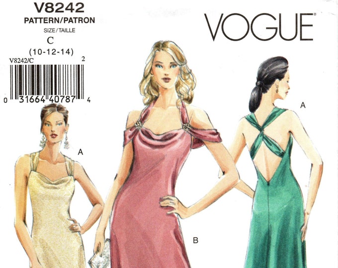 Sz 10/12/14 Vogue Dress Pattern V8242 Misses' Front Cowl Drape, Flared Evening Dress With Strap ...