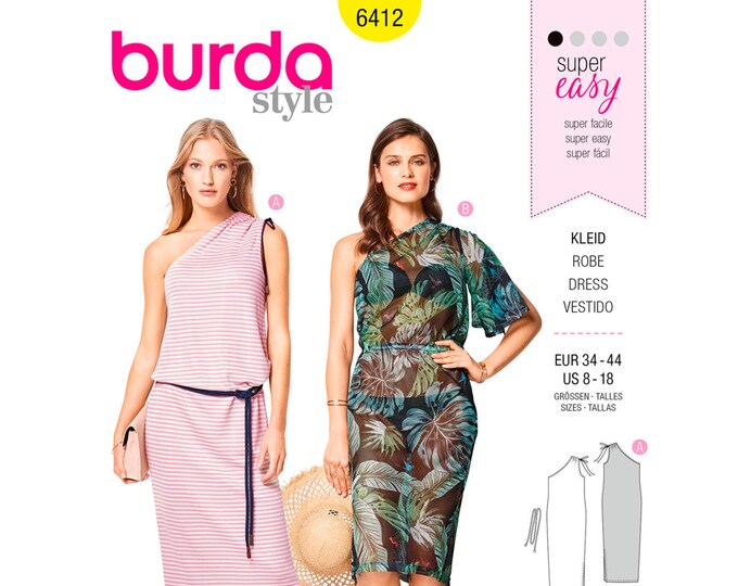 Burda Sewing Pattern 6412 - Misses' One-shoulder Straight Dress and Tie ...