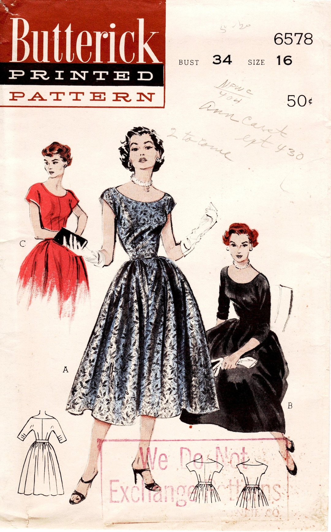 Sz 16 - Bust 34" - Vintage 50's Dress Pattern - Butterick 6578 - Misses ...
