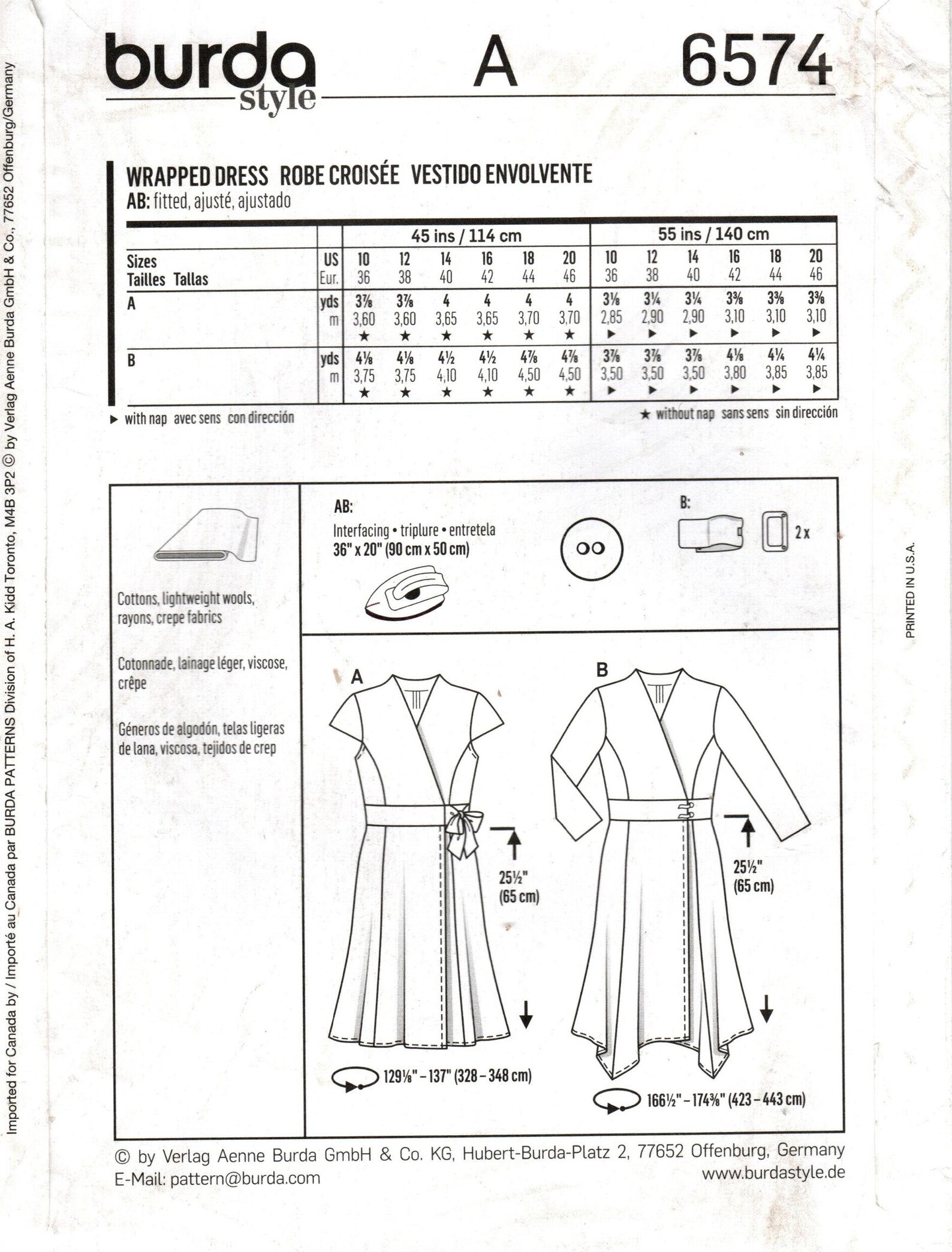 Burda Sewing Pattern 6574 Misses' Flared Wrap Dress With V-neck, Side ...