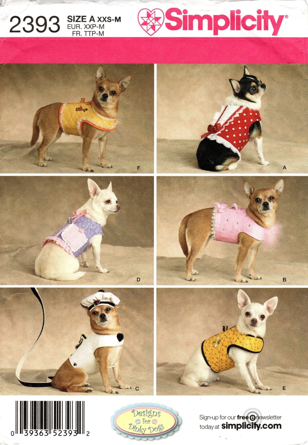 Simplicity Craft Pattern 2393 - One-piece Dog Jacket, Beret and Leash ...