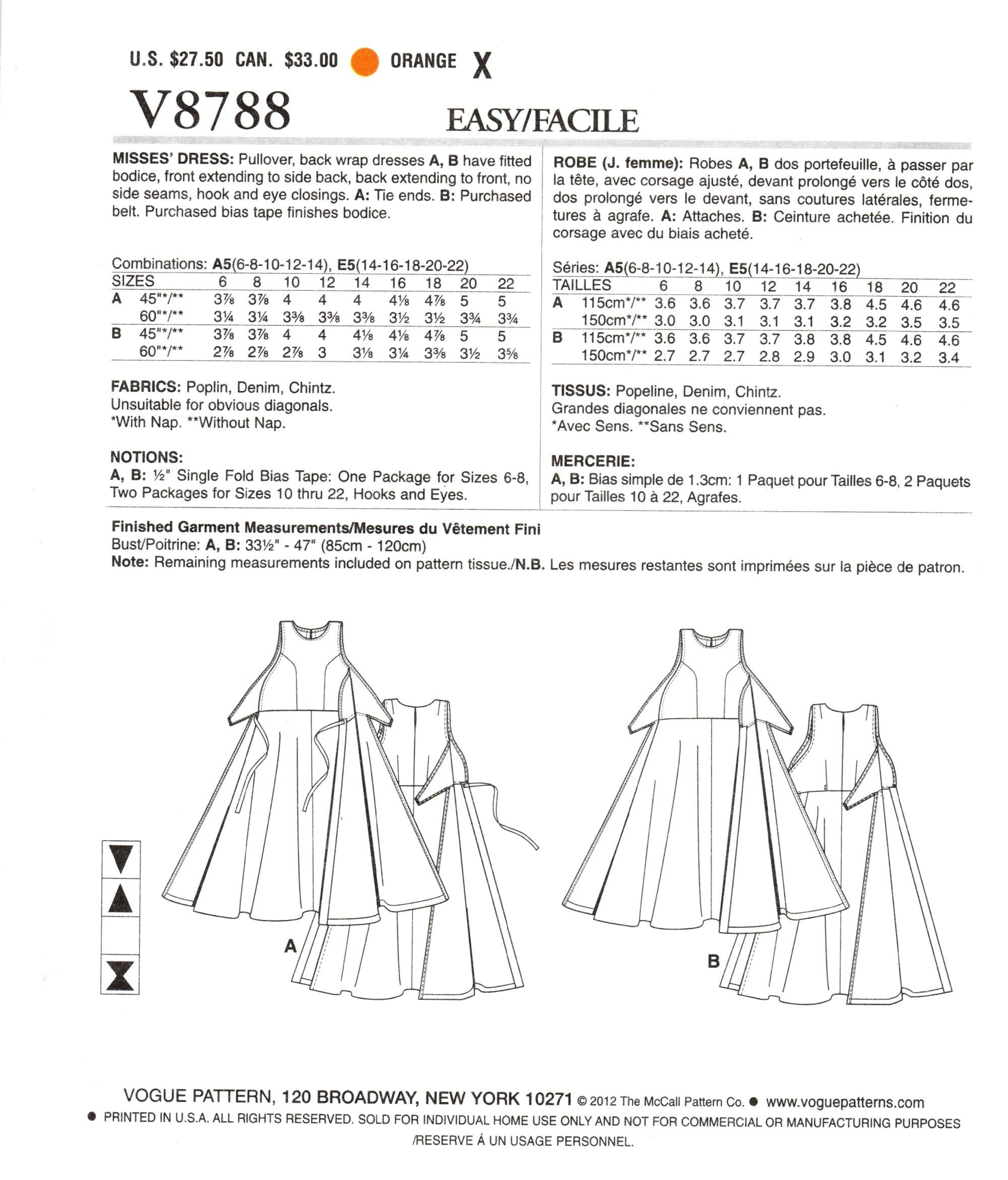 Sz 14/16/18/20/22 Vogue Dress Pattern V8788 Misses' - Etsy