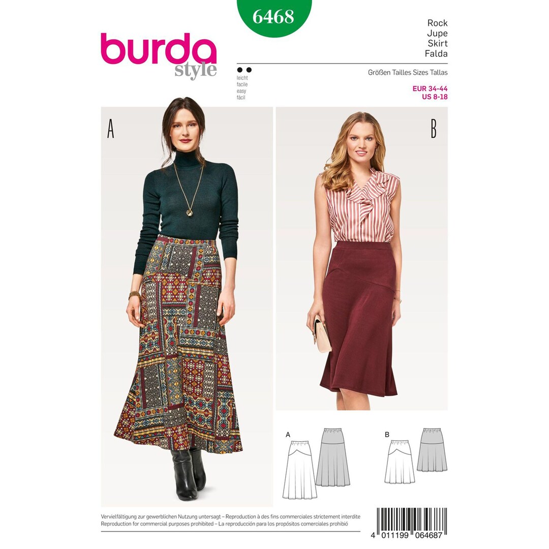 Burda 6468 Knit Skirt Sewing Pattern: Flared Asymmetrical Yoke, Size 8 ...