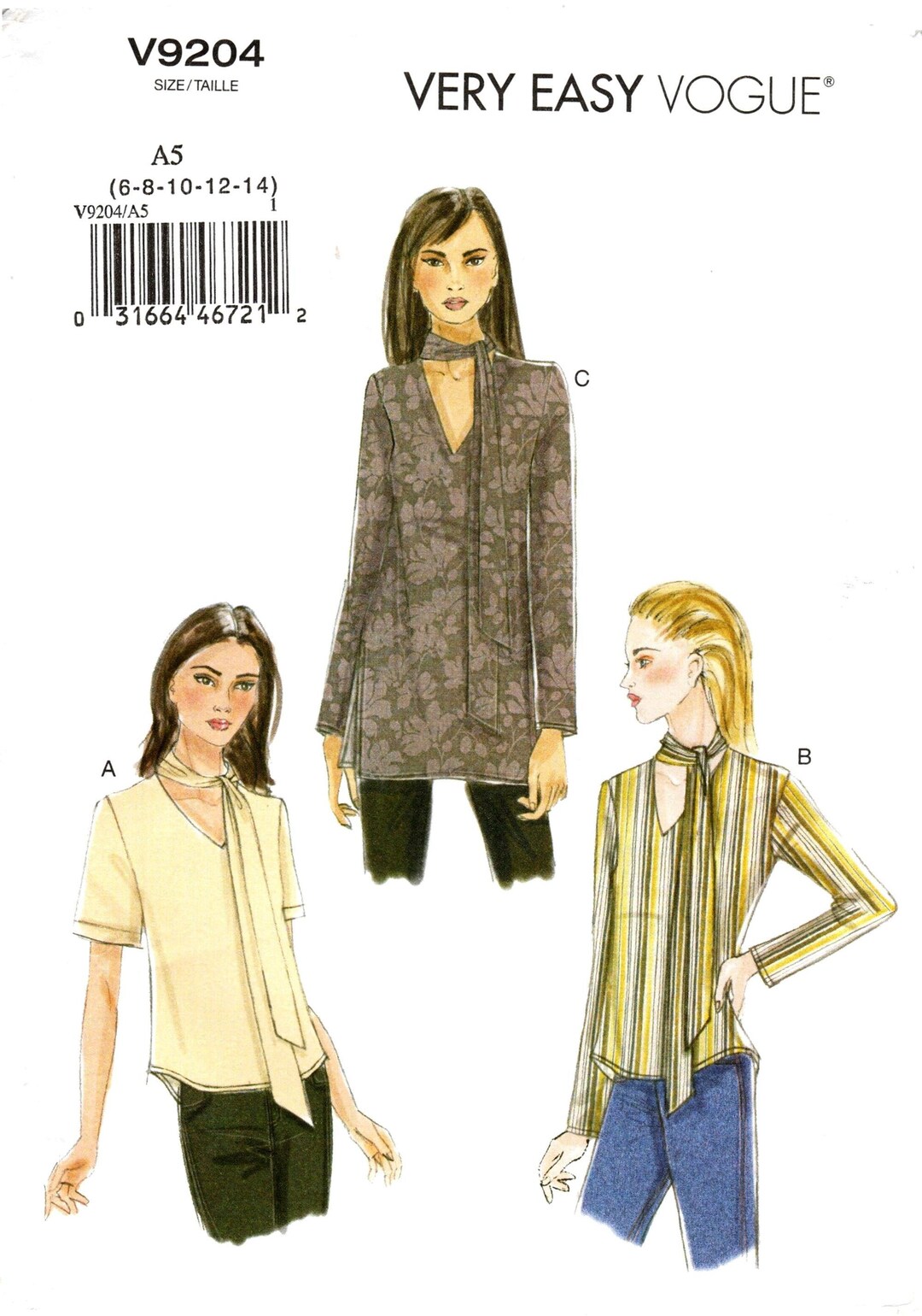Vogue Sewing Pattern V9204 - Misses' Loose Fit Pullover, V-neck Top W ...