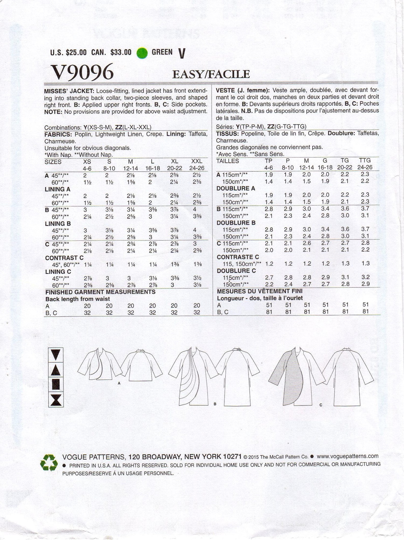 Pick Your Size Vogue Jacket Pattern V9096 Misses' - Etsy