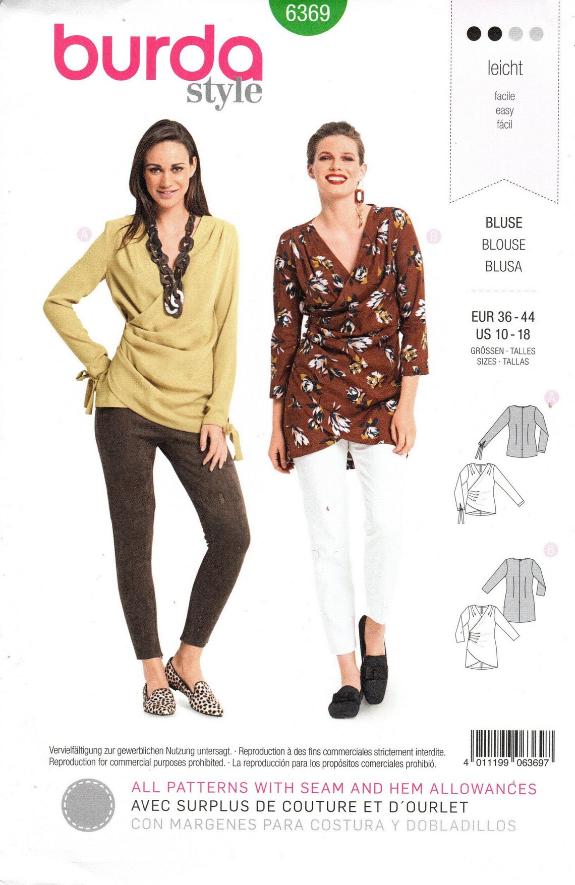 Burda 6369 Blouse Sewing Pattern: V-neck, Long Sleeve - Size 10-18 - Etsy