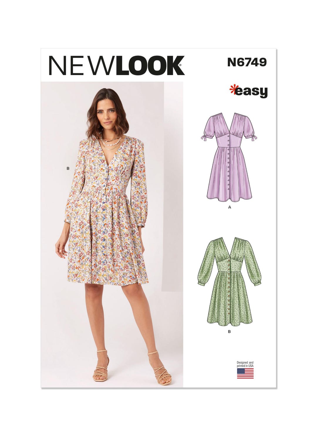 New Look N6749 Sewing Pattern: V-neck Button-front Dress (sizes 6-16 ...