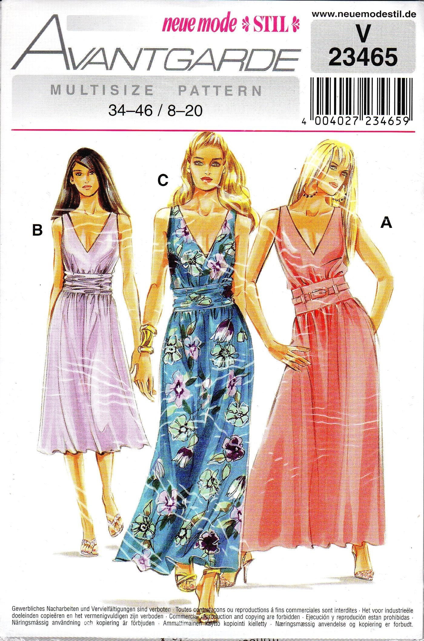 Sz 8 to 20 Neue Mode Pattern V23465 Misses' Sleeveless, V-neckline ...