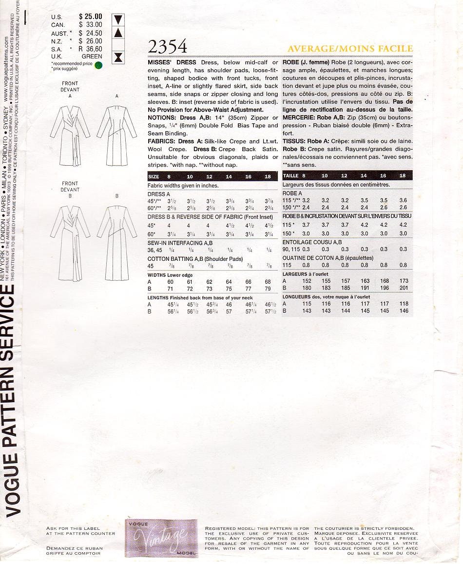 Pick A Size Vogue Retro Dress Pattern 2354 Misses' | Etsy