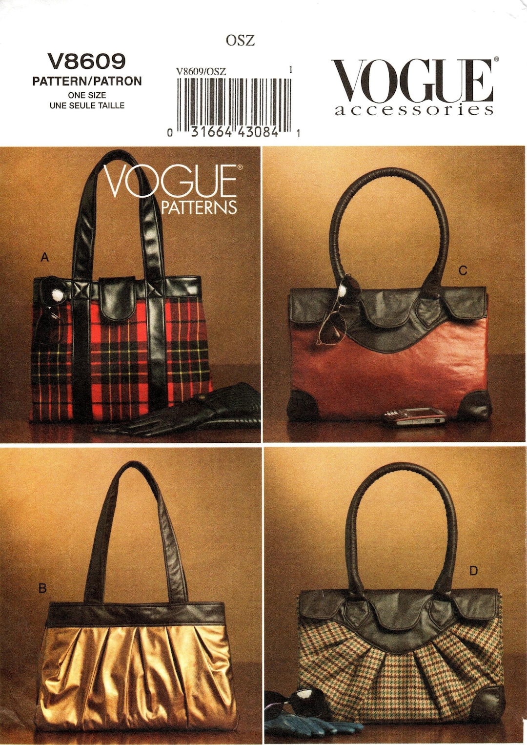 Vogue Bag Pattern V8609 Misses' Lined Handbags, Top Handle Bags in Four ...