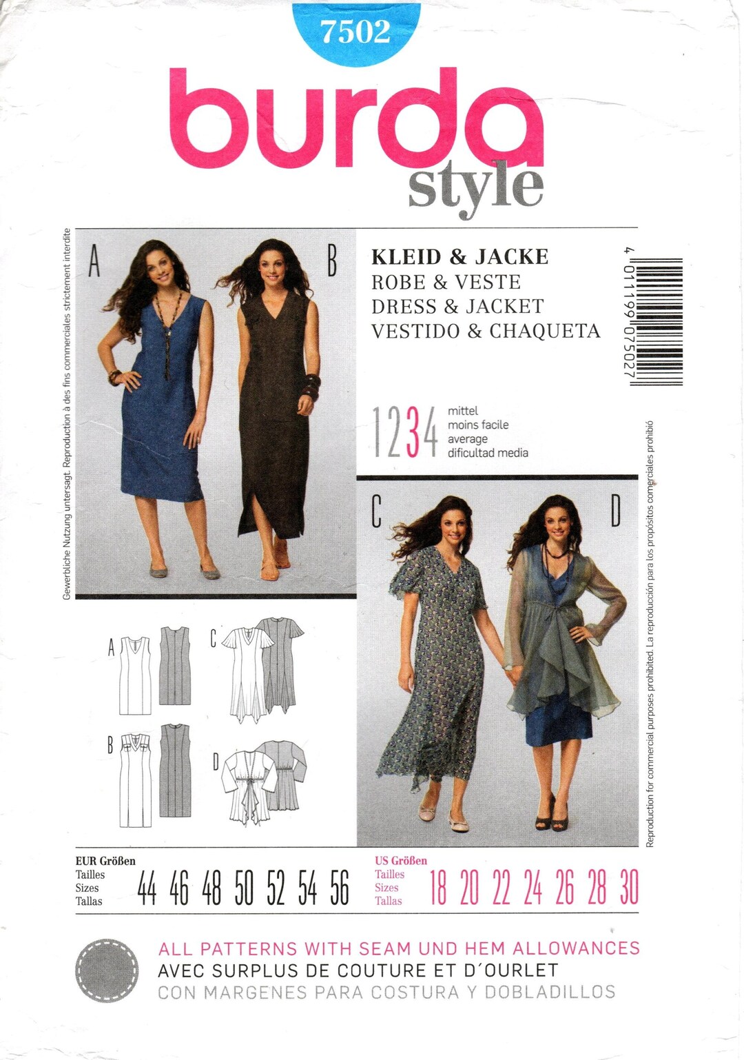 Burda Sewing Pattern 7502: Misses Dress & Sheer Jacket, Sizes 18-30 - Etsy