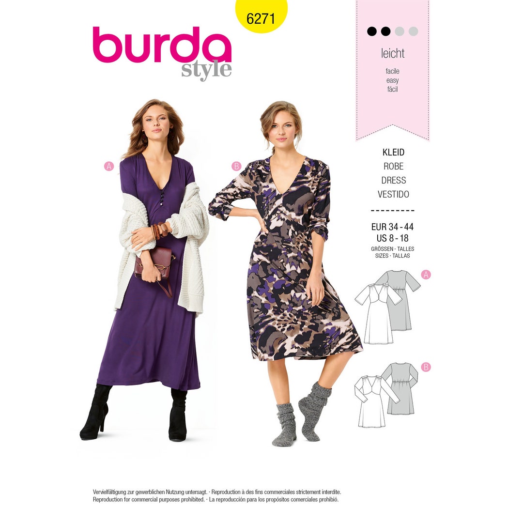 Burda Sewing Pattern 6271 - Misses' V-neck, Long Sleeve, Knit Dresses ...