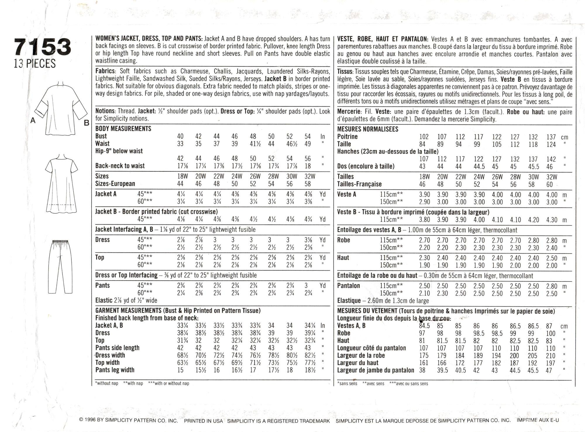 Sz 18W Thru 24W Simplicity Pattern 7153 Misses' Open - Etsy