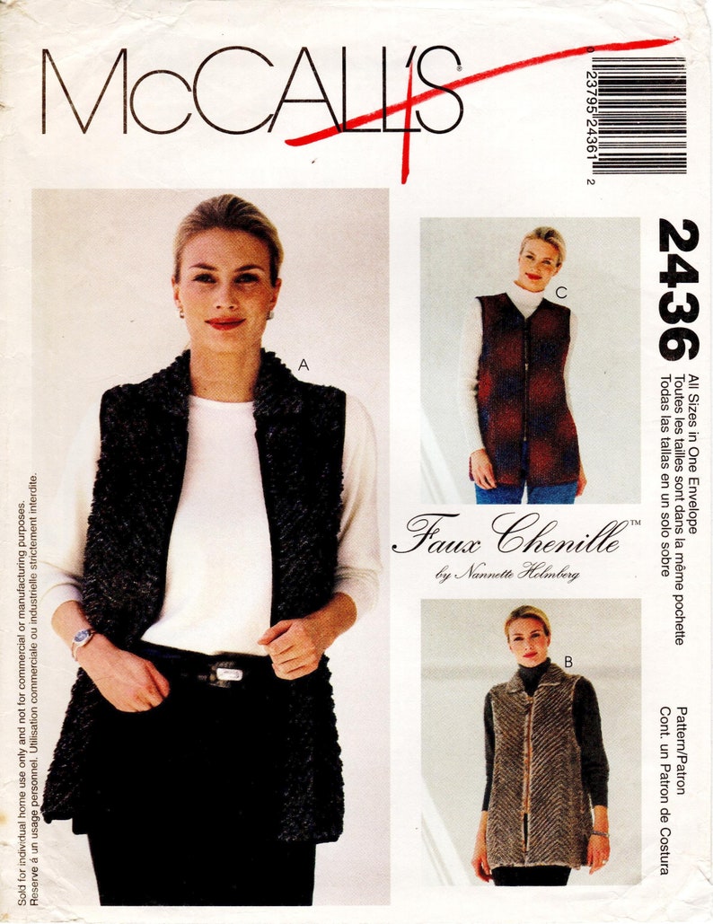 Sz Sm to XL Mccall's Vest Pattern 2436 Misses' - Etsy