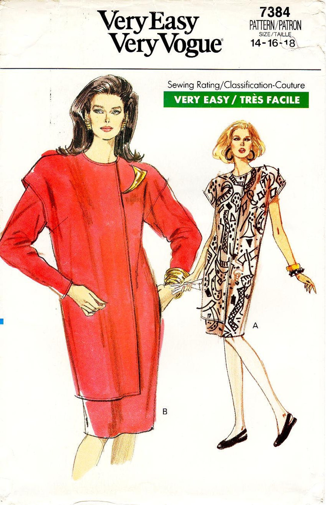 Sz 14/16/18 Vogue 80s Dress Pattern 7384 Misses' Loose-fitting, Dropped ...