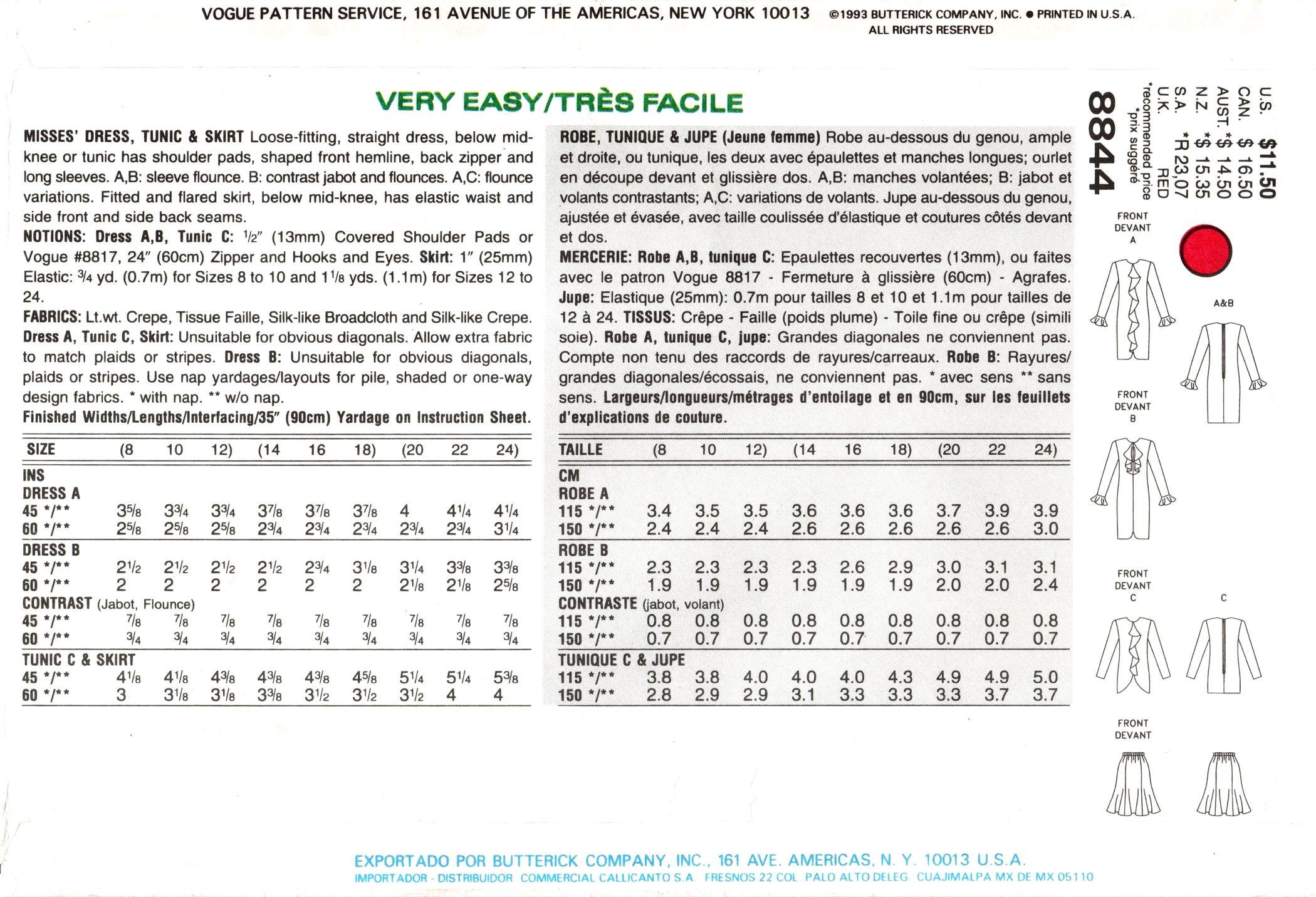 Sz 8/10/12 Vogue Pattern 8844 Misses' Loose-fitting, Straight Dress or ...