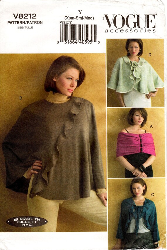 Sz Xsm/sml/med Vogue Cape Pattern V8212 Misses' Wrap | Etsy