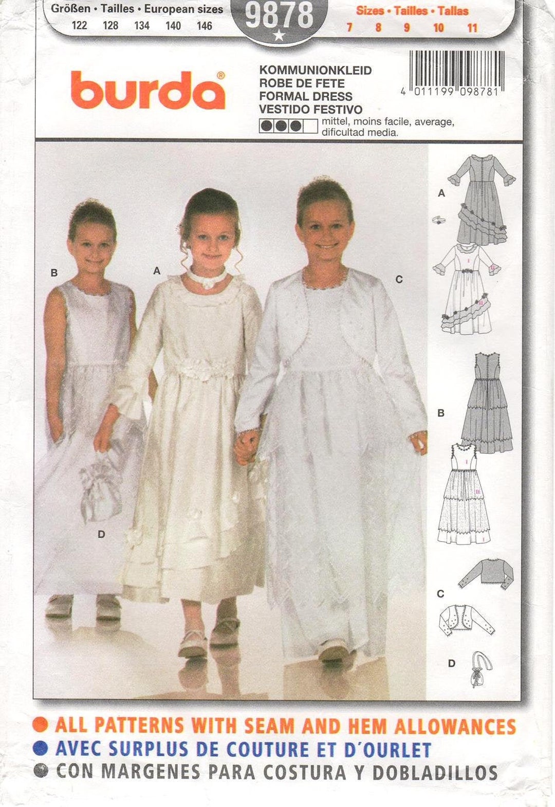 Burda Girl's Dress Sewing Pattern 9878: Communion, Flower Girl - Size 7 ...