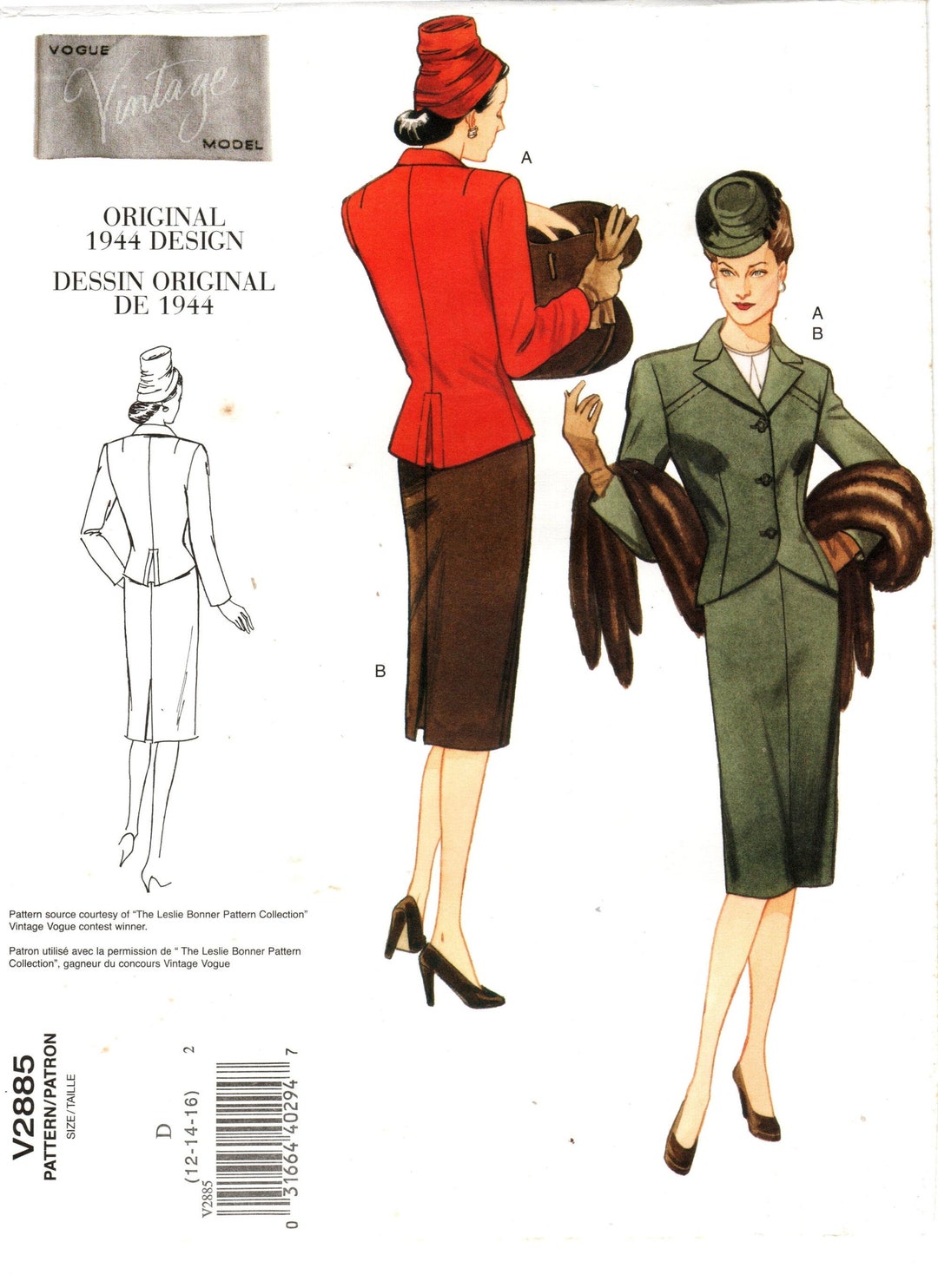 1944 Vogue Sewing Pattern V2885: Misses' Jacket & Skirt - Etsy
