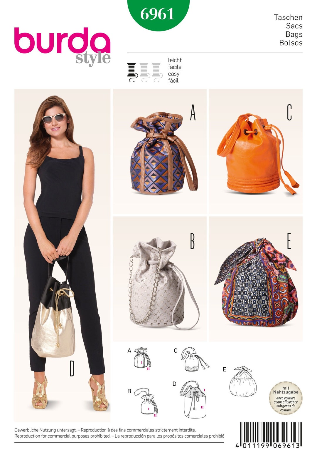Burda Sewing Pattern 6961 Misses' Drawstring Bag/purses in Five ...