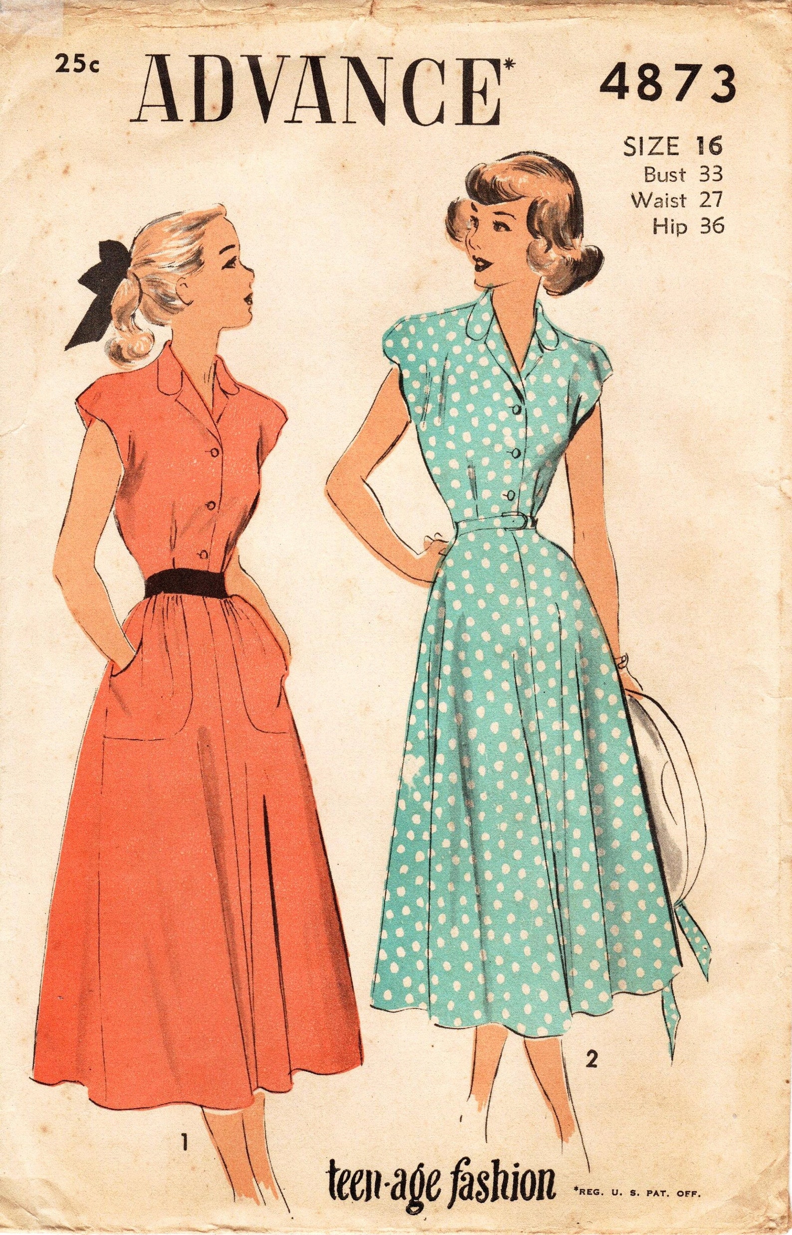 SZ 16/bust 33 Vintage 40s Dress Pattern Advance 4873 - Etsy