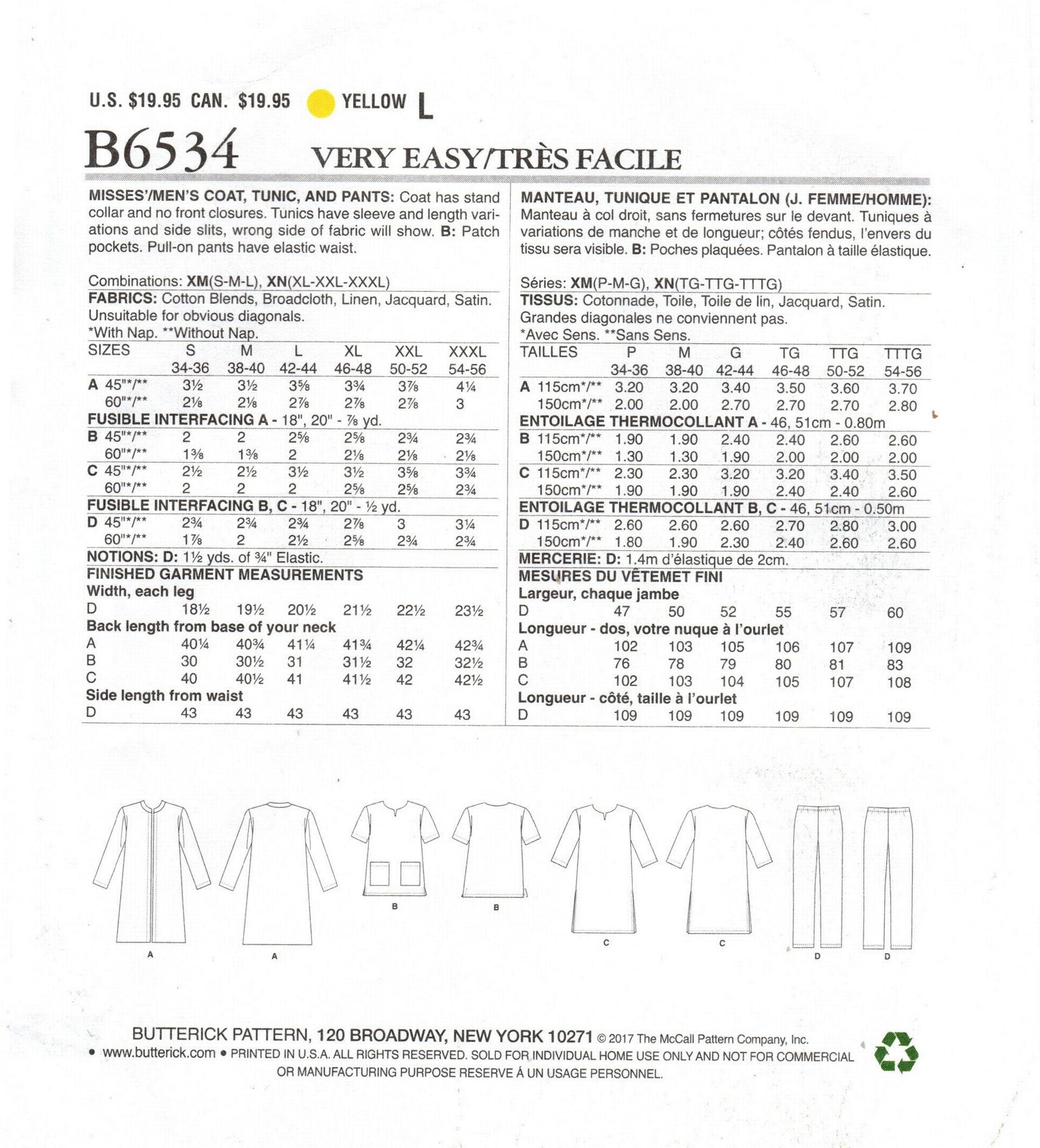 Butterick Sewing Pattern B6534 Misses'/men's Coat, Tunic and Pants ...