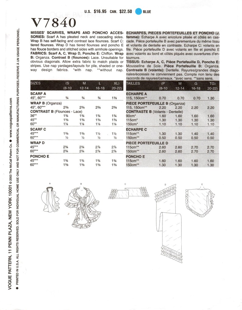Vogue Accessories Pattern V7840: Wraps, Poncho & Scarves (OOP) - Etsy