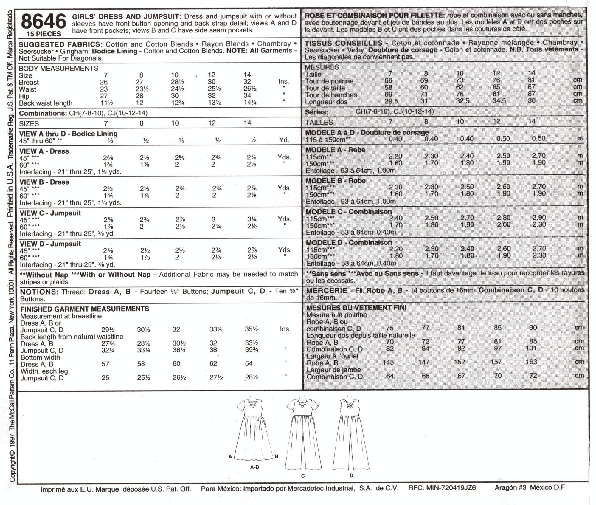 Mccall's Sewing Pattern 8646 - Girls' V-neck, Button Front, Calf Length ...