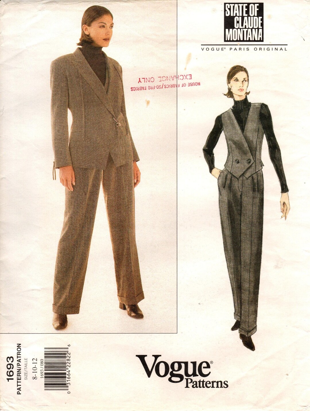 Vogue Sewing Pattern 1693 by CLAUDE MONTANA - Misses' Lined Jacket, V ...