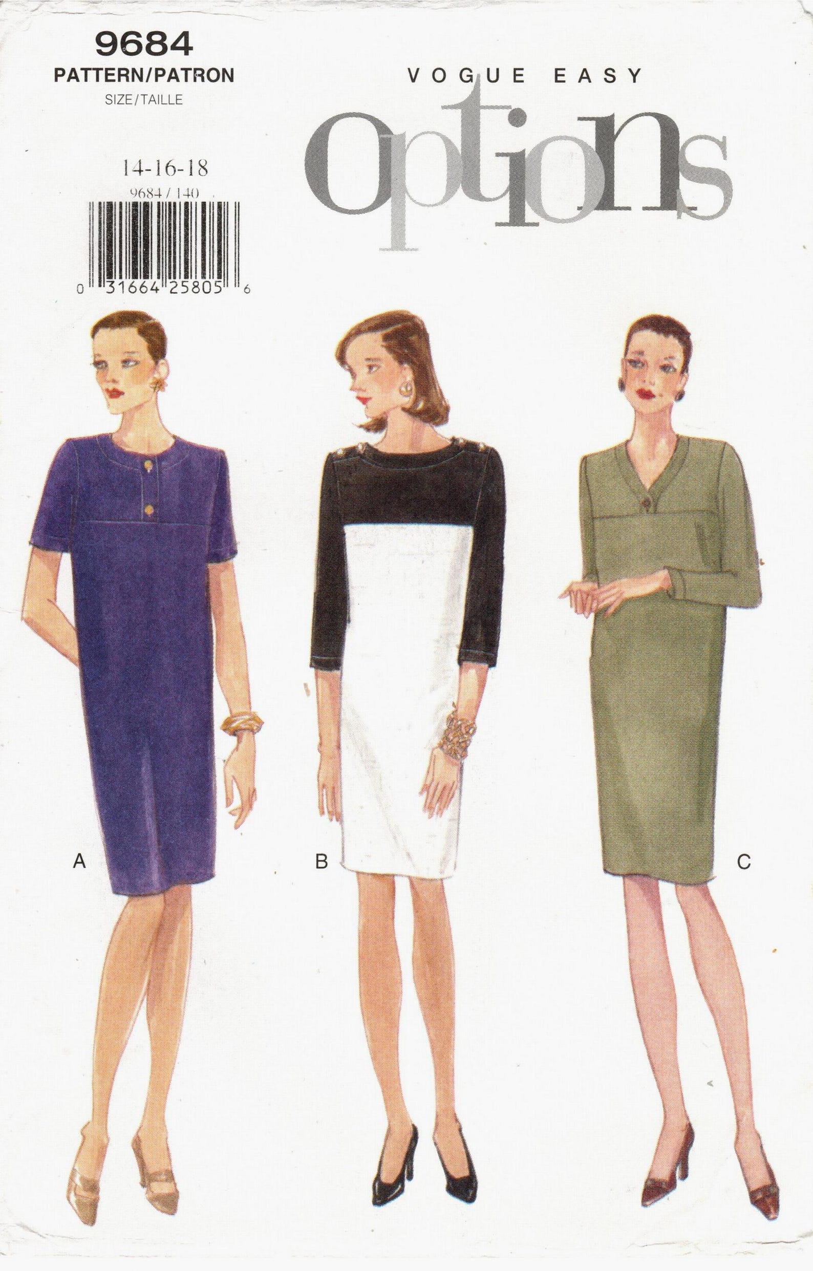 Vogue 9684 Dress Pattern: Misses' Tapered Bodice, Size 14/16/18 - Etsy