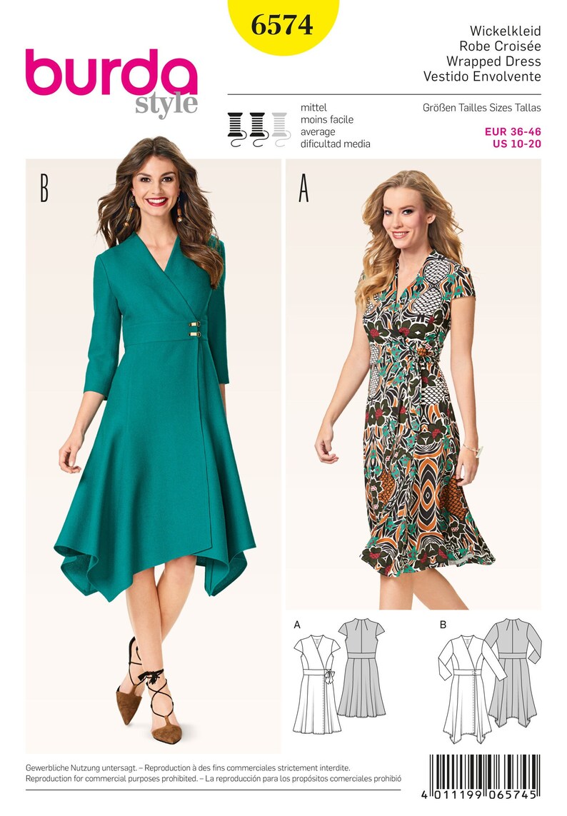 Burda Sewing Pattern 6574 Misses' Flared Wrap Dress With V-neck, Side ...